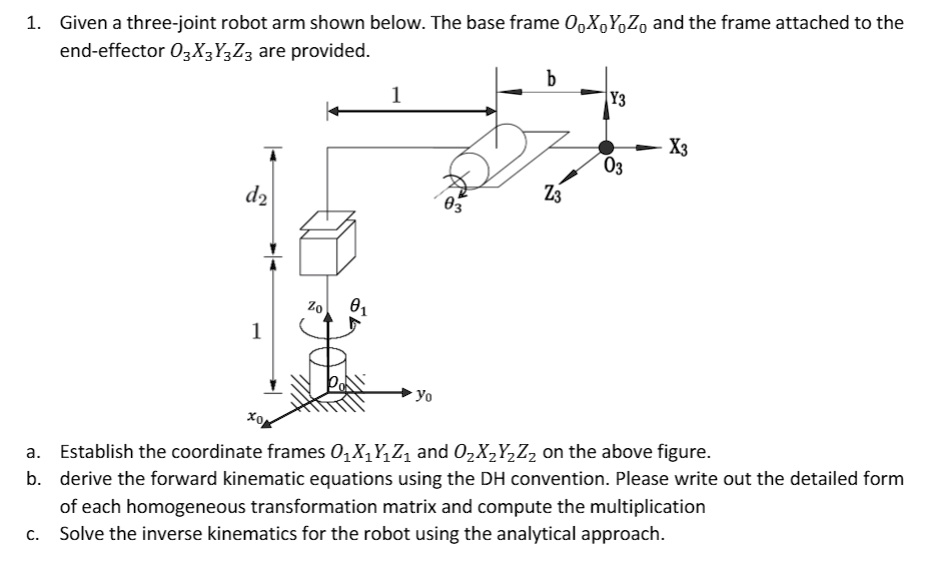 SOLVED: Given a three-joint robot arm shown below, the base frame OXYZ and the frame attached to ...
