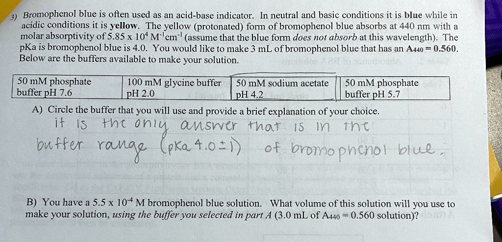 SOLVED: Bromophenol blue is often used a8 an acid-base indicator: In neutral and basic ...