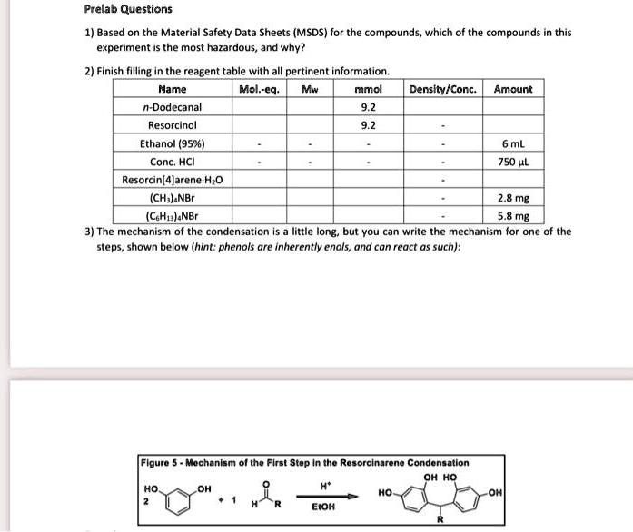 SOLVED: Prelab Questions 1) Based on the Material Safety Data Sheets (MSDS) for the compounds ...