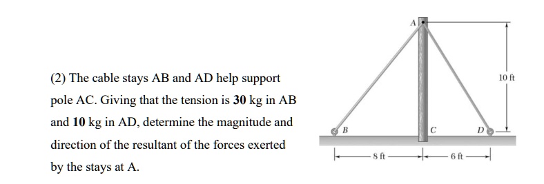 SOLVED: (2) The cable stays AB and AD help support pole AC Giving " that the tension is 30 kg in ...