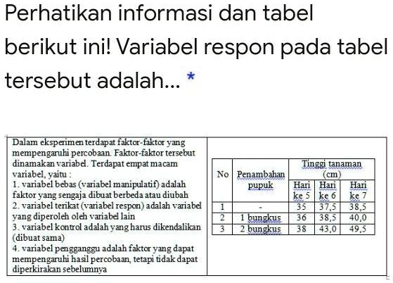 SOLVED: perhatikan informasi dari tabel berikut ini! variabel respon ...
