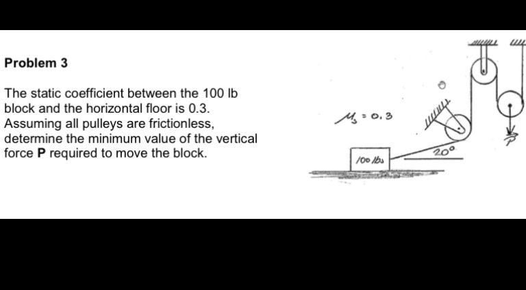 SOLVED: 'Problem 3 The static coefficient between the 100 Ib block and the horizontal floor is 0 ...