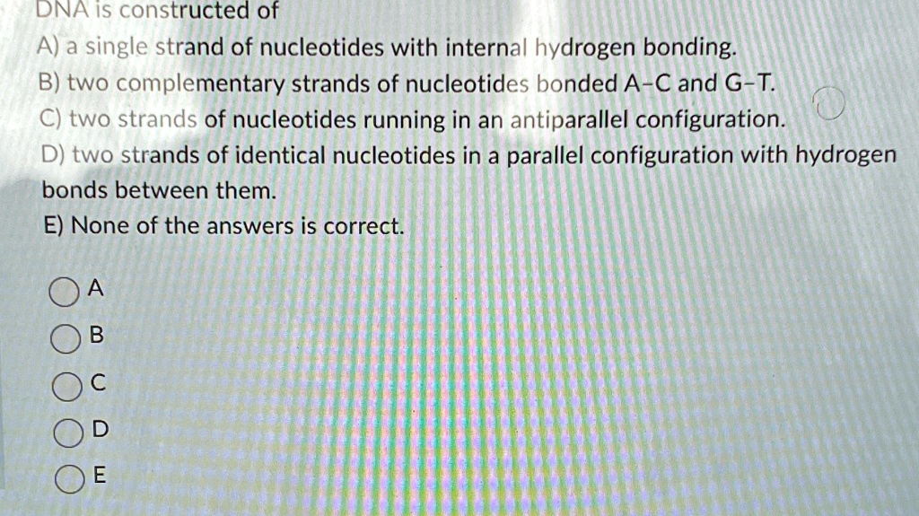 DNA is constructed of: A) a single strand of nucleotides with internal ...