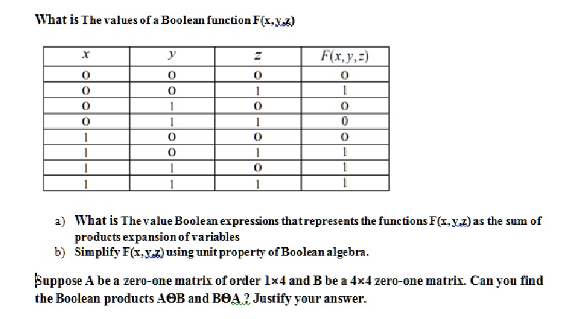 SOLVED: What is The ralues of a Boolean function F(r,Jz) FA) Whar is ... SOLVED: What is The ralues of a Boolean function F(r,Jz) FA) Whar is ...