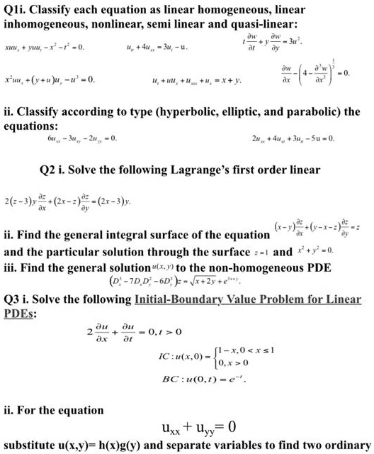 SOLVED: Qli: Classify each equation as linear homogeneous; linear inhomogeneous nonlinear; semi ...