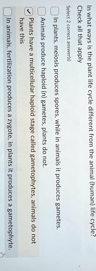 In what ways is the plant life cycle different from the animal (human) life cycle? Check all ...