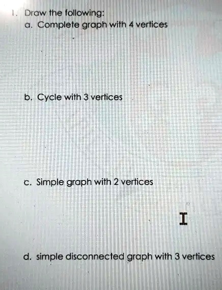 SOLVED: Draw the following: Complete graph with 4 vertices Cycle with 3 vertices Simple graph ...