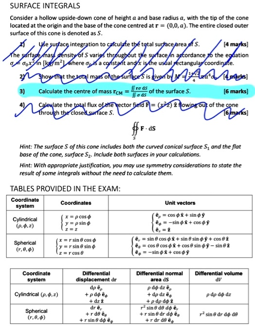 surface integrals consider hollow upside down cone of height and base ...