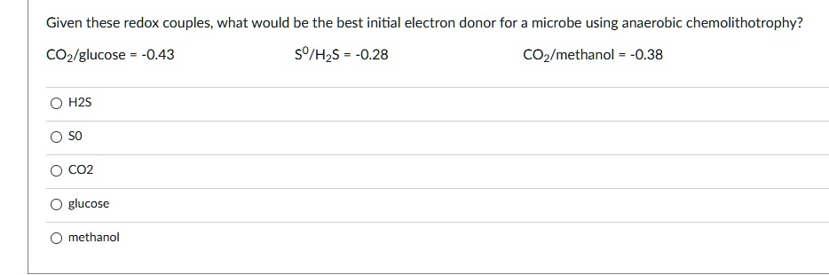 SOLVED: Given these redox couples, what would be the best initial electron donor for a microbe ...