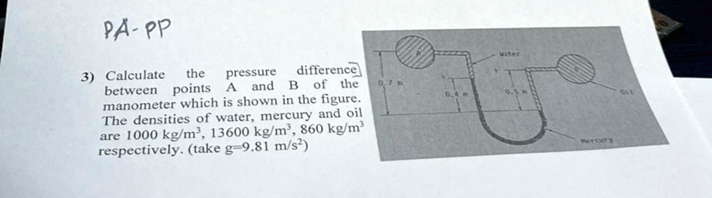 3 calculate the pressure difference between points a and b of the manometer which is shown in ...