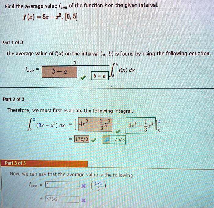 SOLVED: Find the average value fave of the function f on the given interval: f(r) = -+, [0, 5 ...