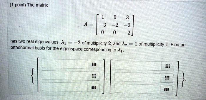 SOLVED: point) The matrix has two real eigenvalues 2 of multiplicity 2, and 42 = 1 of ...