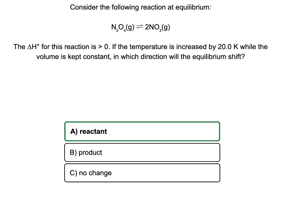 Consider the following reaction at equilibrium: N2O4(g) 2NO2(g) The Δ H ...