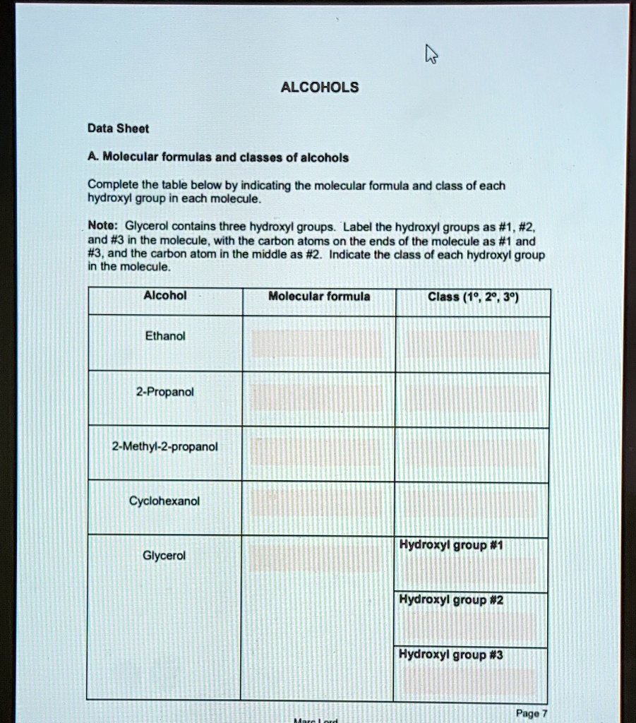SOLVED: ALCOHOLS Data Sheet Molecular formulas and classes of alcohols ...
