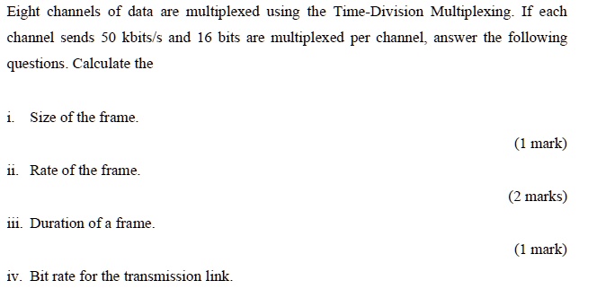 SOLVED: Eight channels of data are multiplexed using Time-Division Multiplexing. If each channel ...