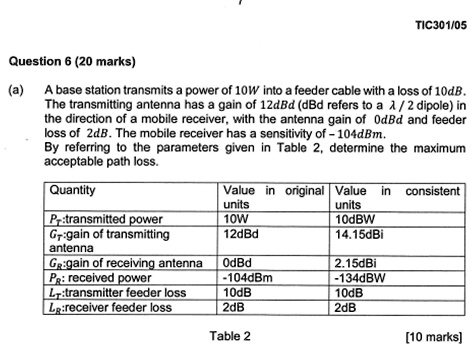 tic30105 question 6 20 marks a a base station transmits a power of 10w ...