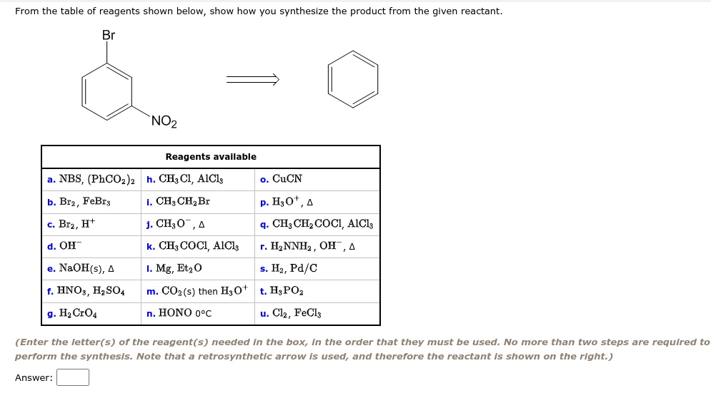 From the table of reagents shown below, show how you synthesize the ...