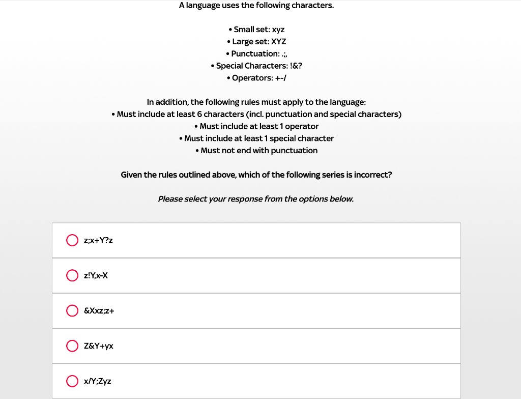Solved A Language Uses The Following Characters Small Set Xyz Large Set Xyz Punctuation 