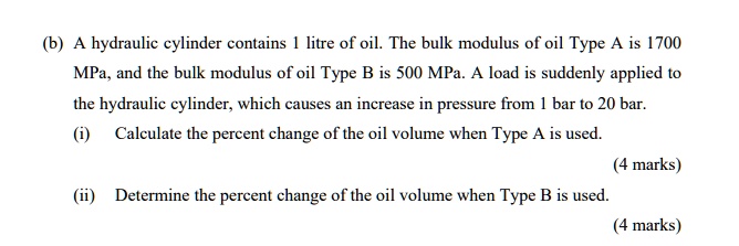 (b) A hydraulic cylinder contains 1 litre of oil. The bulk modulus of ...