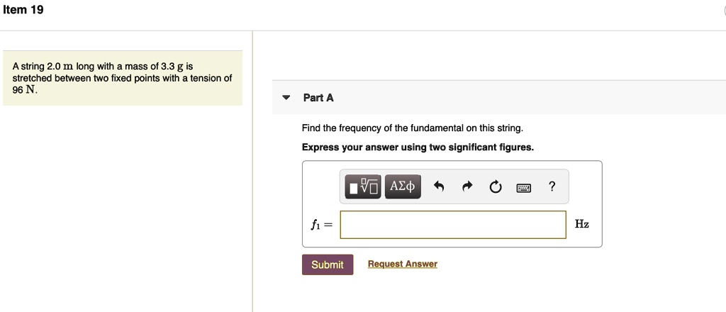 item 19 a string 20 m long with mass of 33 g is stretched between two fixed points with tension ...