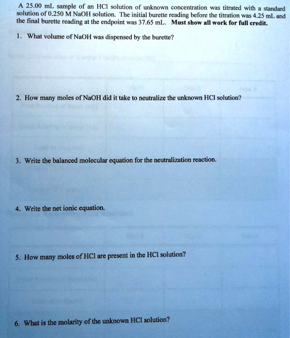 SOLVED: A 25.00 mL sample of an HCI solution of unknown concentration was titrated with standard ...