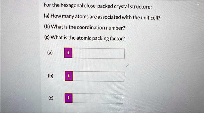 SOLVED: For the hexagonal close-packed crystal structure: (a) How many atoms are associated with ...
