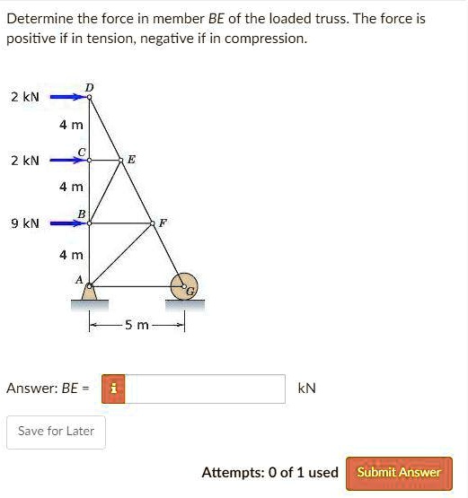 Determine the force in member BE of the loaded truss. The force is ...