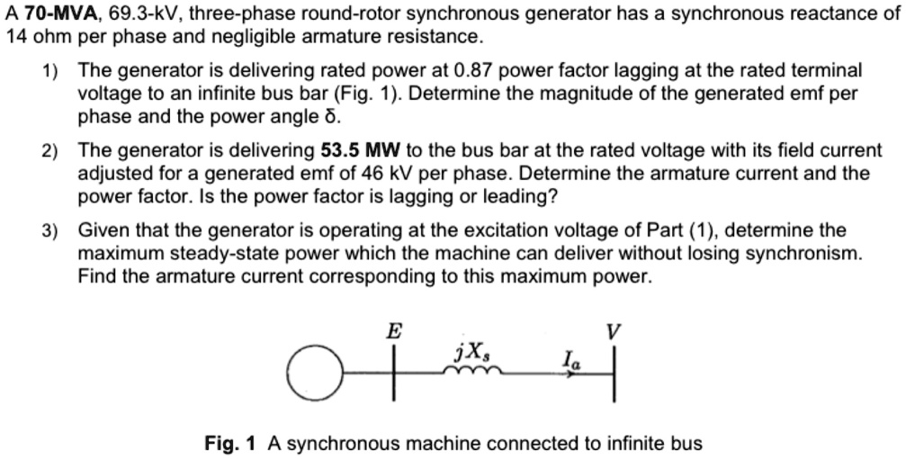 SOLVED: A 70-MVA, 69.3-kV, three-phase round-rotor synchronous generator has a synchronous ...