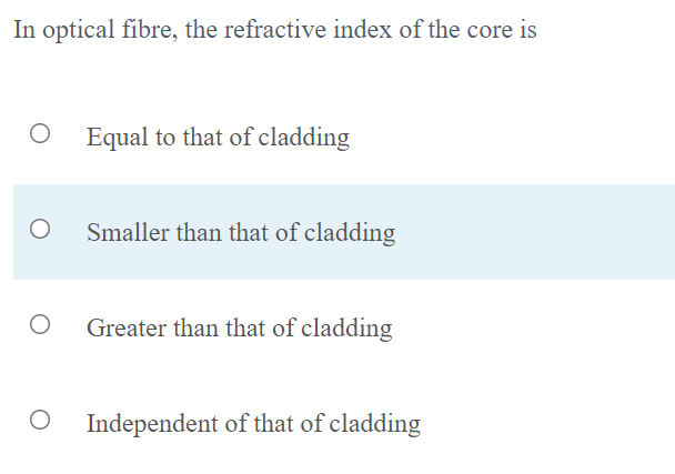in optical fibre the refractive index of the core is equal to that of cladding smaller than that ...