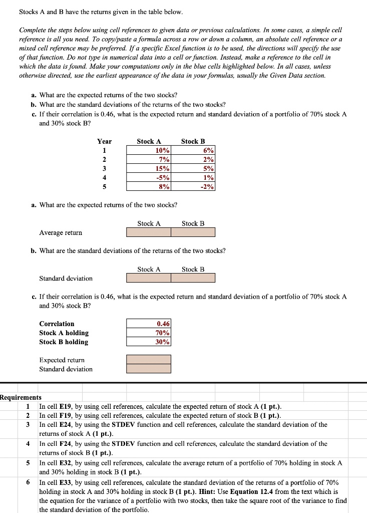 SOLVED: I'm stuck on this problem. any help would be appreciated Stocks A and B have the returns ...