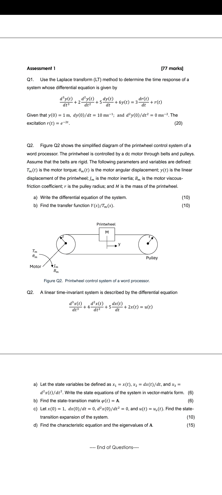 assessment 1 77 marks q1 use the laplace transform lt method to determine the time response of a ...