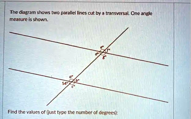 SOLVED: The diagram shows two parallel lines cut by transversal: One angle measure is shown ...