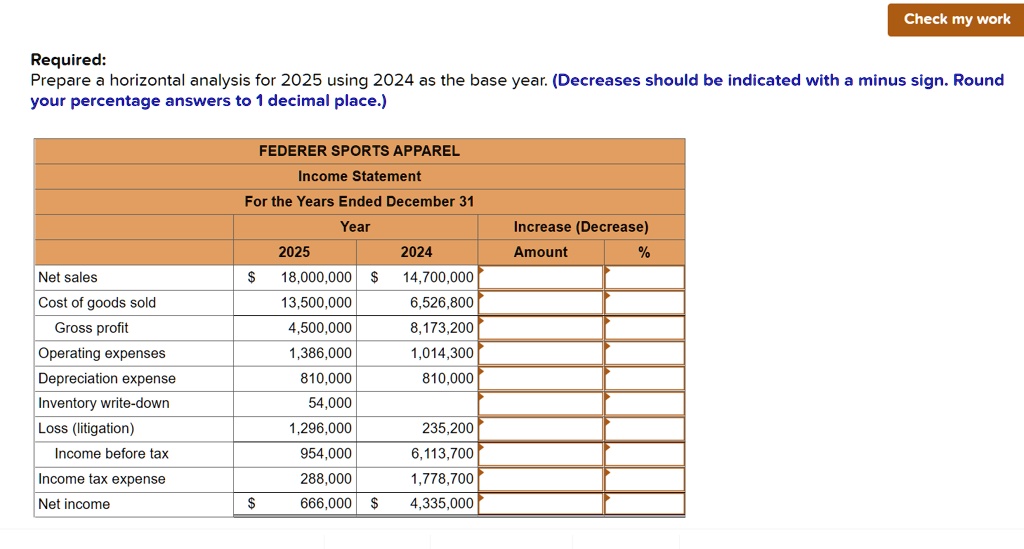 SOLVED: Required: Prepare a horizontal analysis for 2025 using 2024 as ...