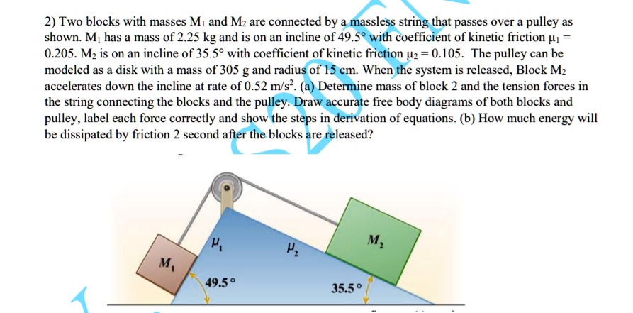 2 two blocks with masses mi and mz are connected by a massless string that passes over a pulley ...