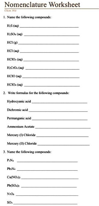 Nomenclature Worksheet Chem 304 1. Name the following compounds: H2S ...