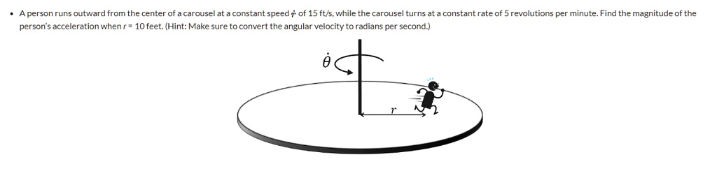 SOLVED: A person runs outward from the center of a carousel at a constant speed of 15 ft/s ...