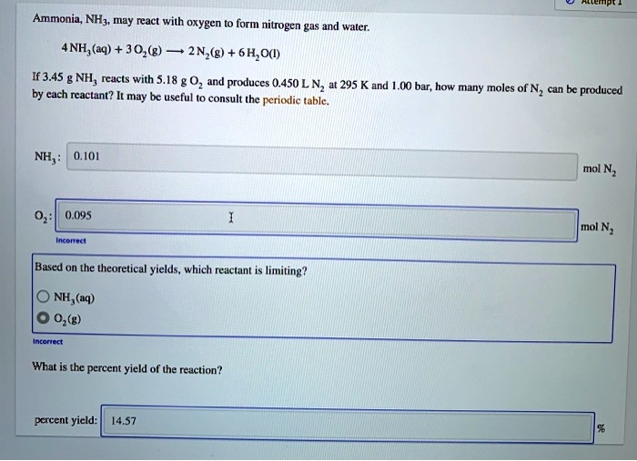 SOLVED: Ammonia; NH3, may react with oxygen to form nitrogen gas and water: 4NH3(aq) + 3O2(g ...