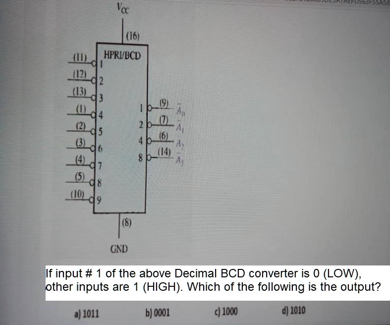 SOLVED: Decimal BCD Converter HPRI/BCD Vcc (16) HPRI/BCD (1) (2) (3) (4) 1 (8) GND If input #1 ...