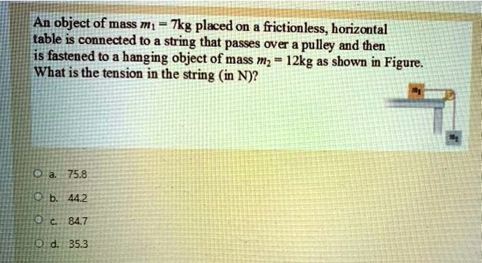 An object of mass m1 = 7kg placed on a frictionless, horizontal table ...