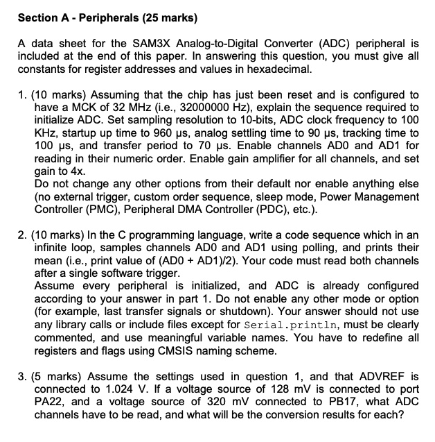 Section A - Peripherals (25 marks) A data sheet for the SAM3X Analog-to-Digital Converter (ADC ...