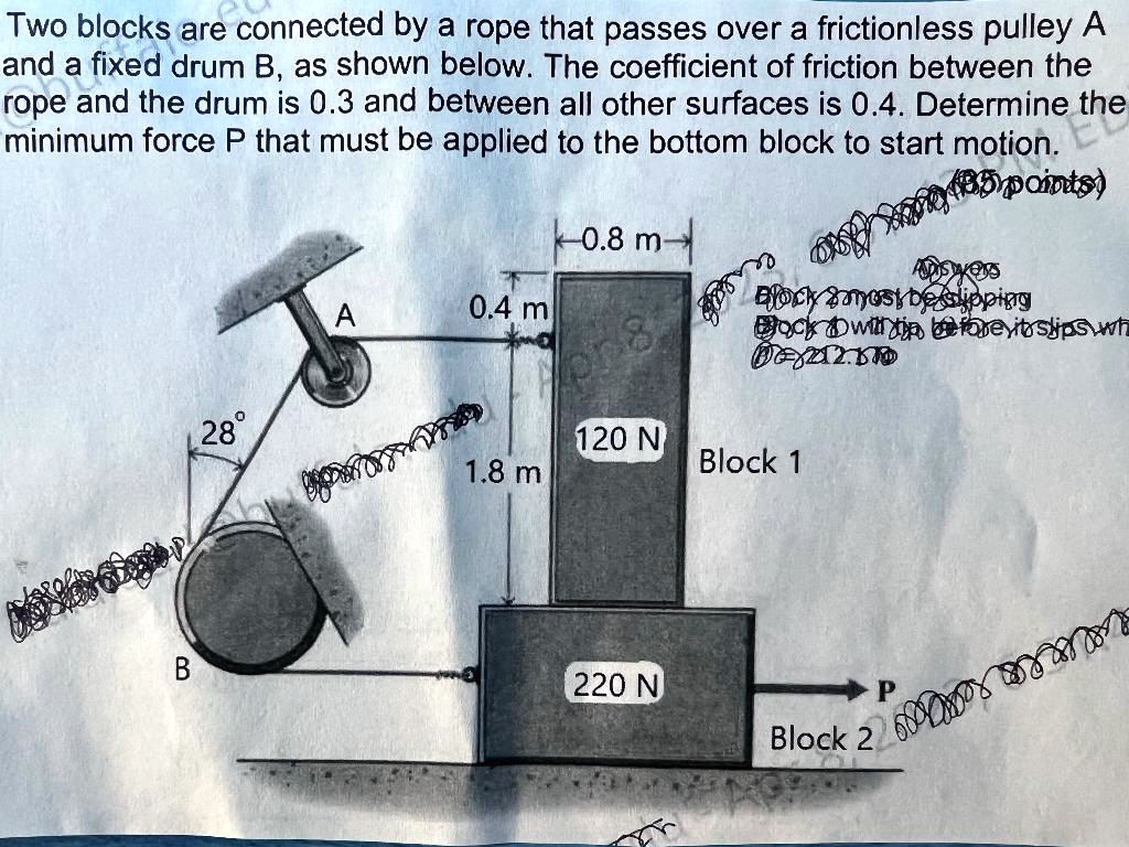 two blocks are connected by a rope that passes over a frictionless pulley a and a fixed drum bas ...