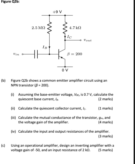 Figure Q2b: +9 V 2.5 MΩ 4.7 kΩ IC Vout IB Vin β = 200 0 V (b) Figure ...
