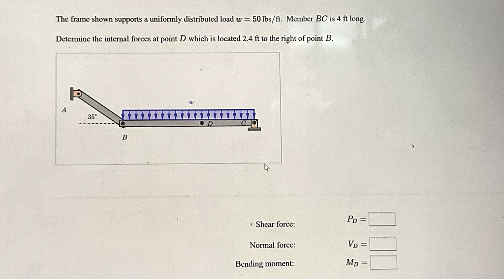the frame shown supports a uniformly distributed load w50lbsft member bc is 4ft long determine ...