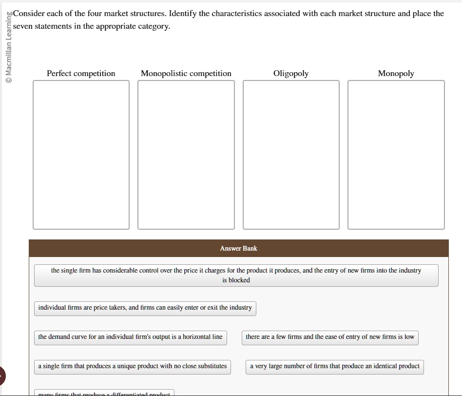 Macmillan Learning Consider each of the four market structures ...