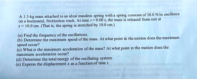 SOLVED: A 1.5-kg mass attached to an ideal massless spring with a spring constant of 20.0 N/m ...