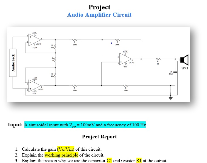Project Audio Amplifier Circuit Audio Jack -15V + UA741 +15V R 100k Rf ...