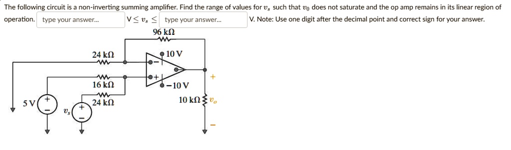 the following circuit is a non inverting summing amplifier find the range of values for vs such ...