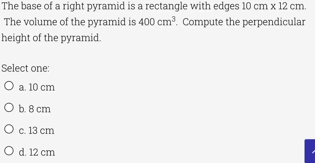 SOLVED: The base of a right pyramid is a rectangle with edges 10 cm x ...