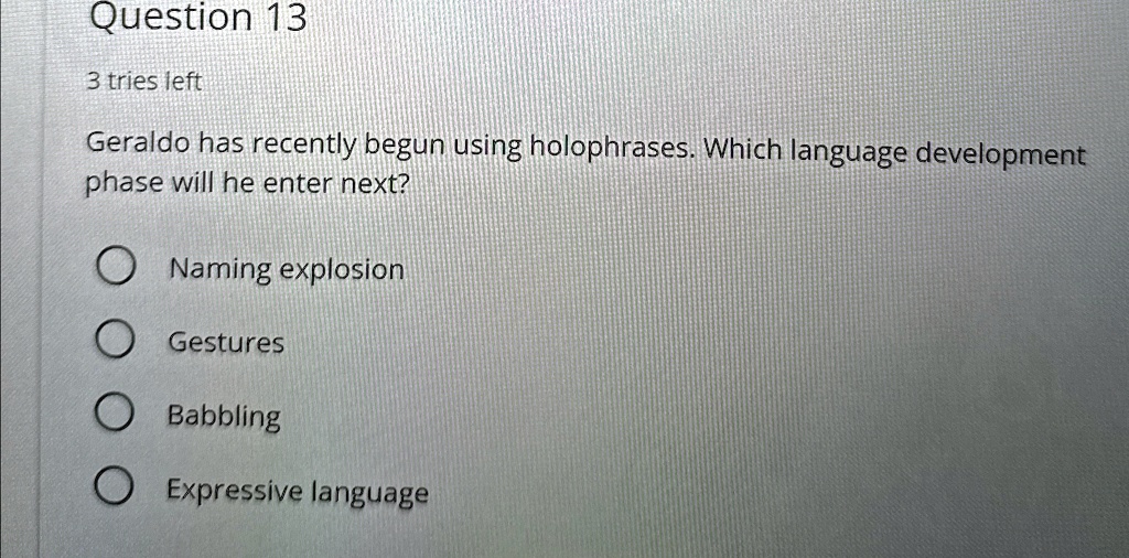 Question 13 3 tries left Geraldo has recently begun using holophrases ...