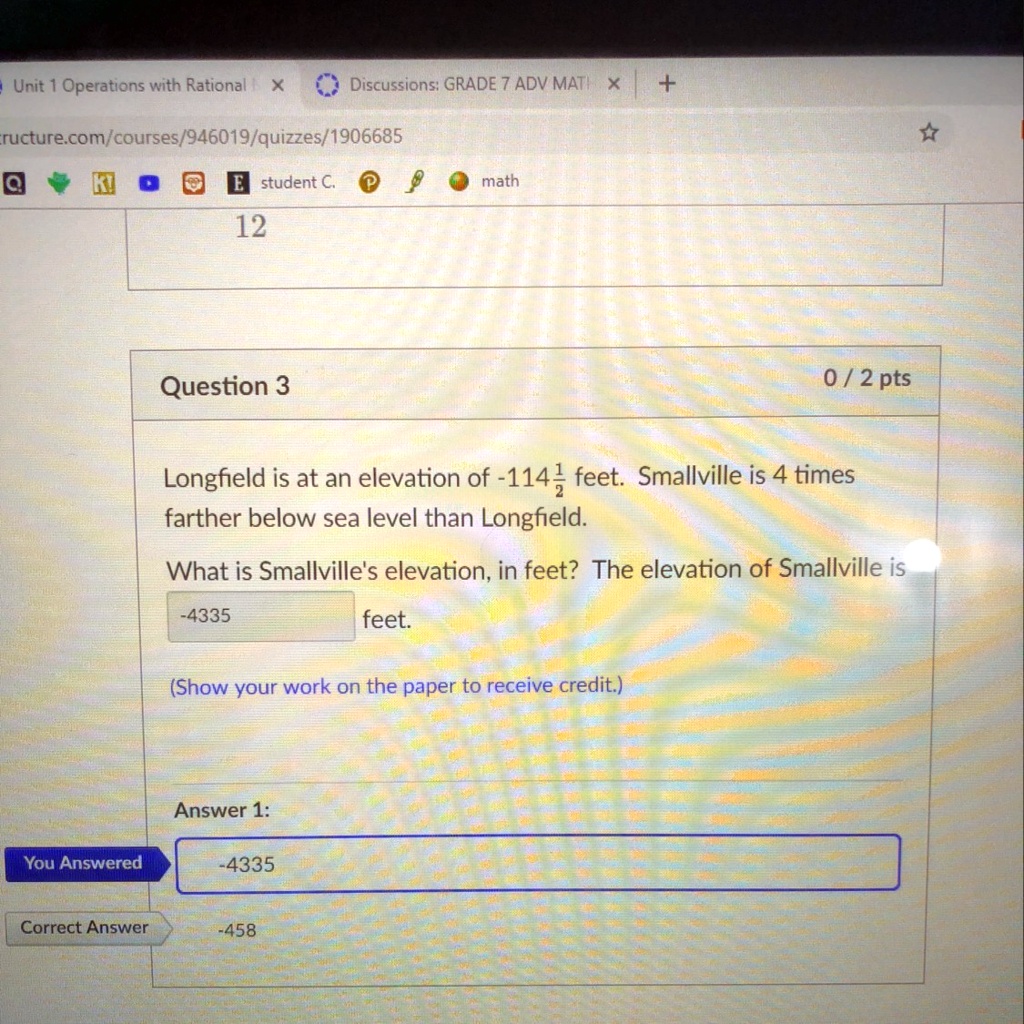 SOLVED: "Longfield is at an elevation of -144 1/2 feet. Smallville is 4 ...